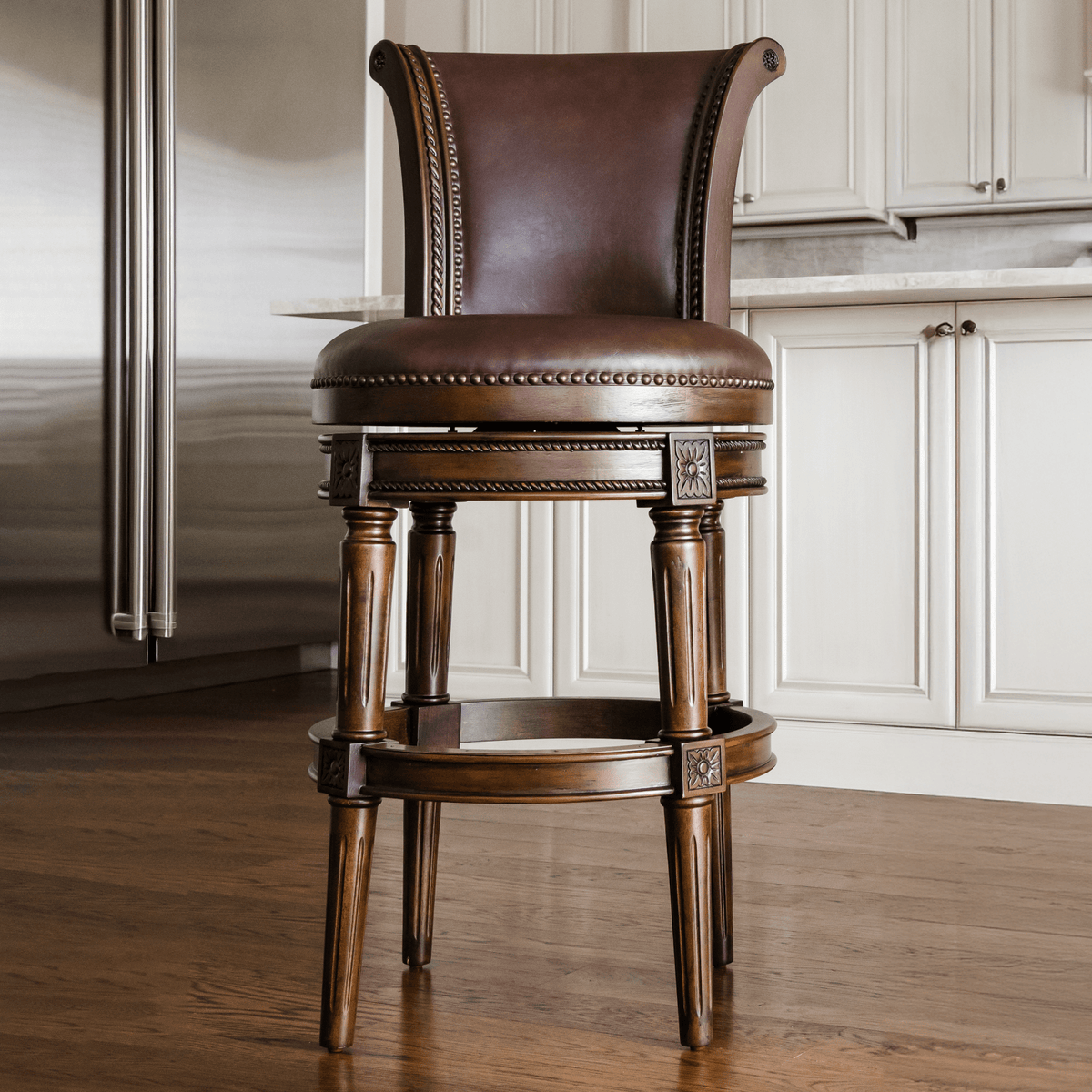 Pullman Bar Stool in Dark Brown Finish with Brown Faux Leather – Maven Lane