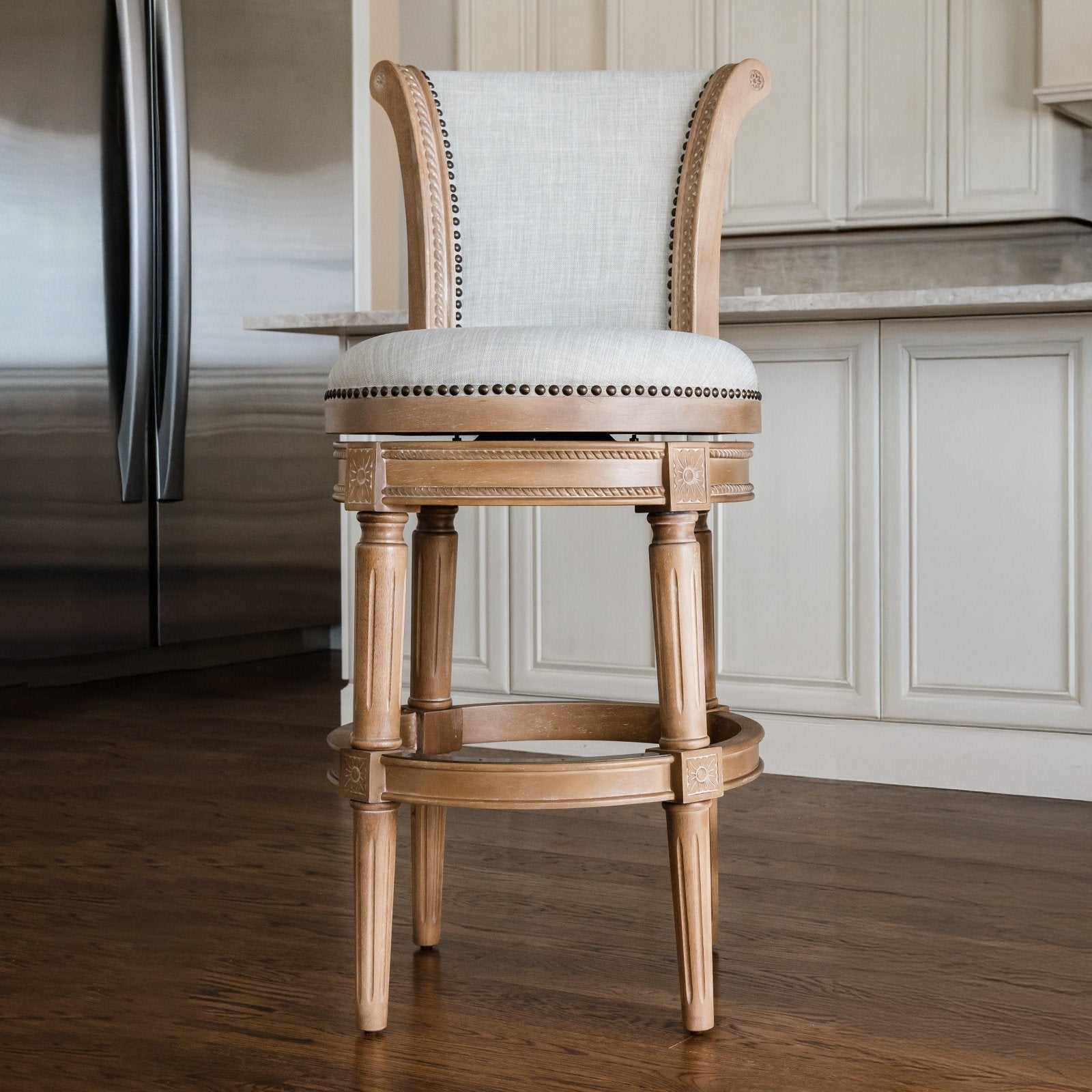 Pullman Bar Stool in Light Brown Finish with Light Grey Fabric – Maven Lane