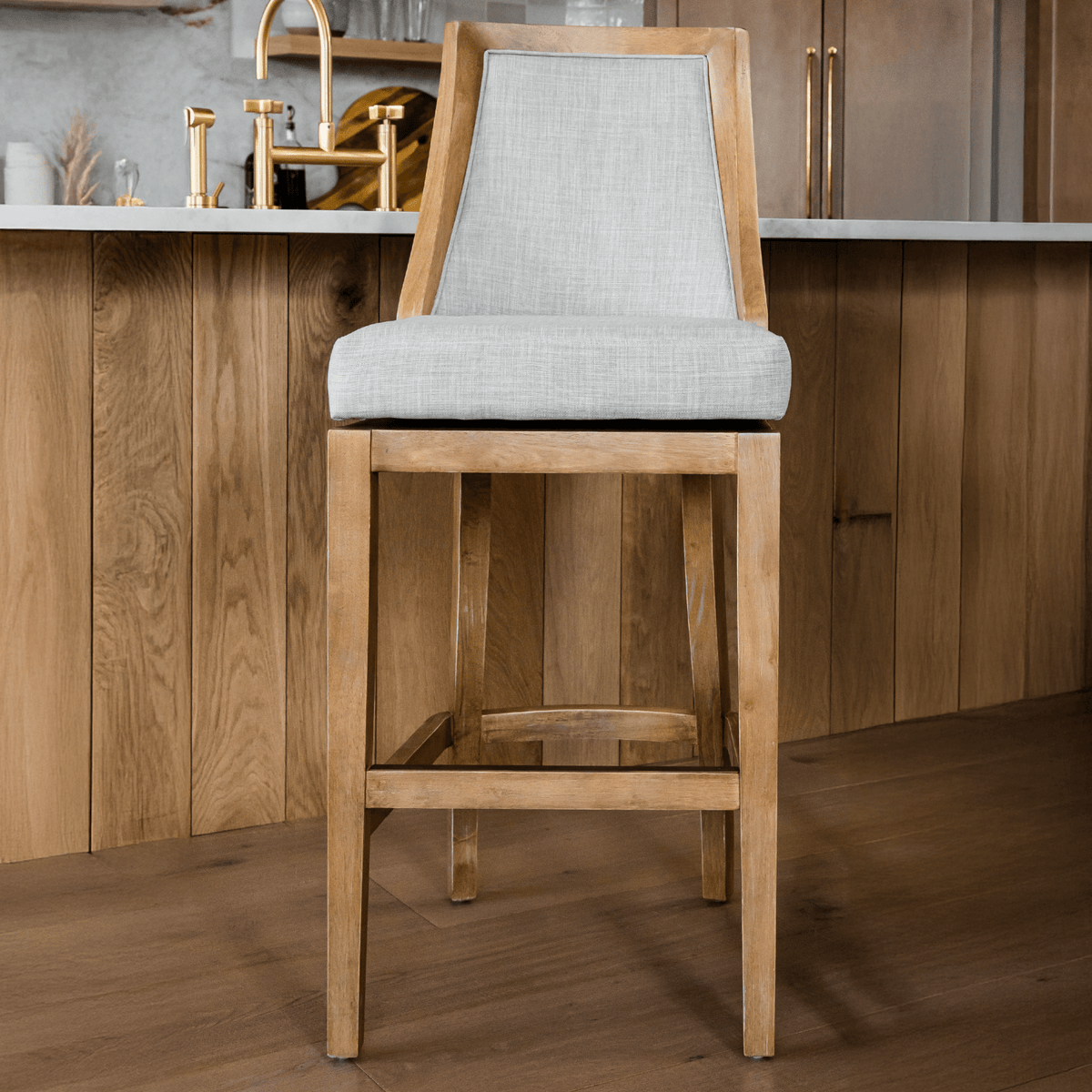 Vienna Swivel Bar Stool in Light Brown Finish with Natural Fabric ...