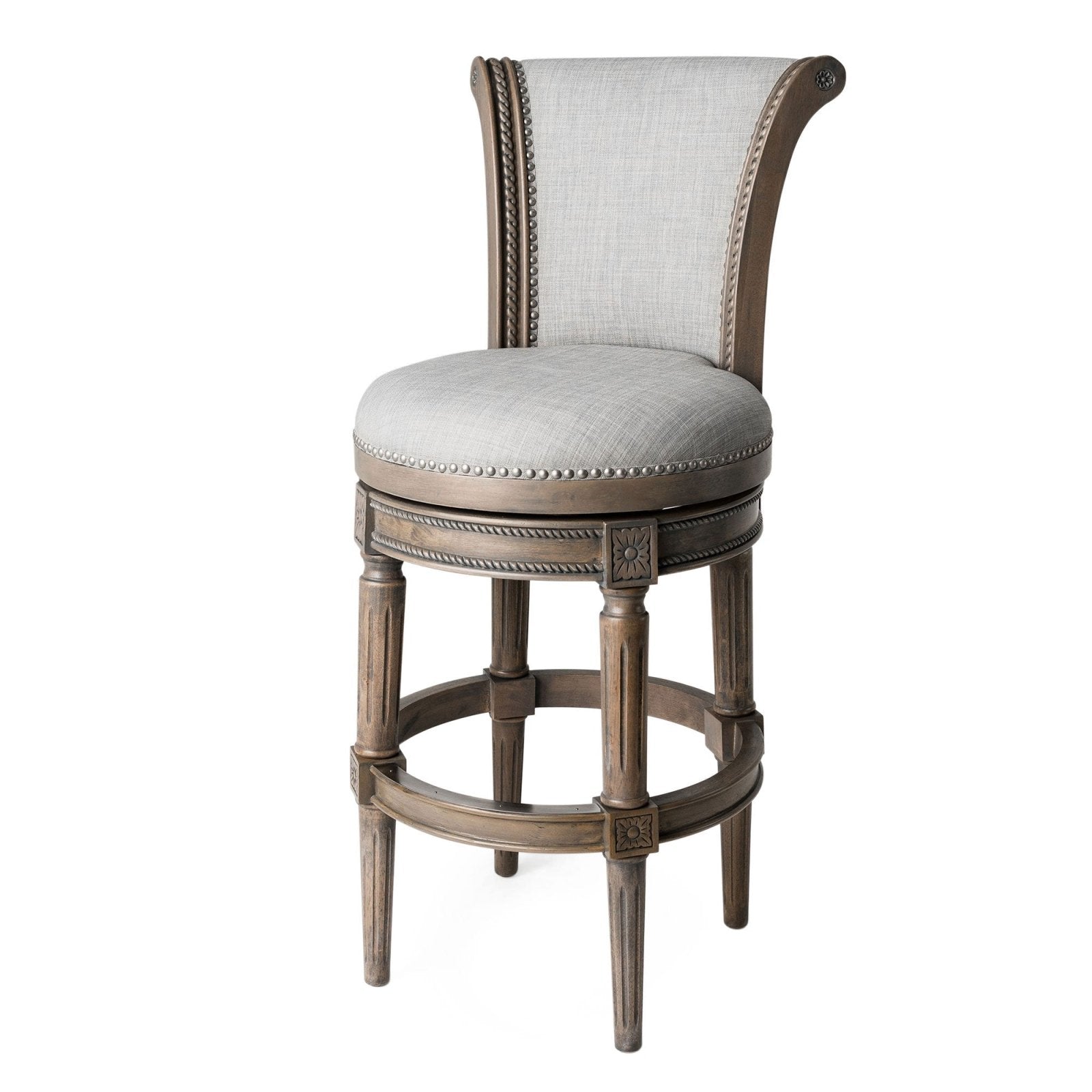 31" Pullman Bar Stool in Reclaimed Oak Finish with Ash Grey Fabric Uph