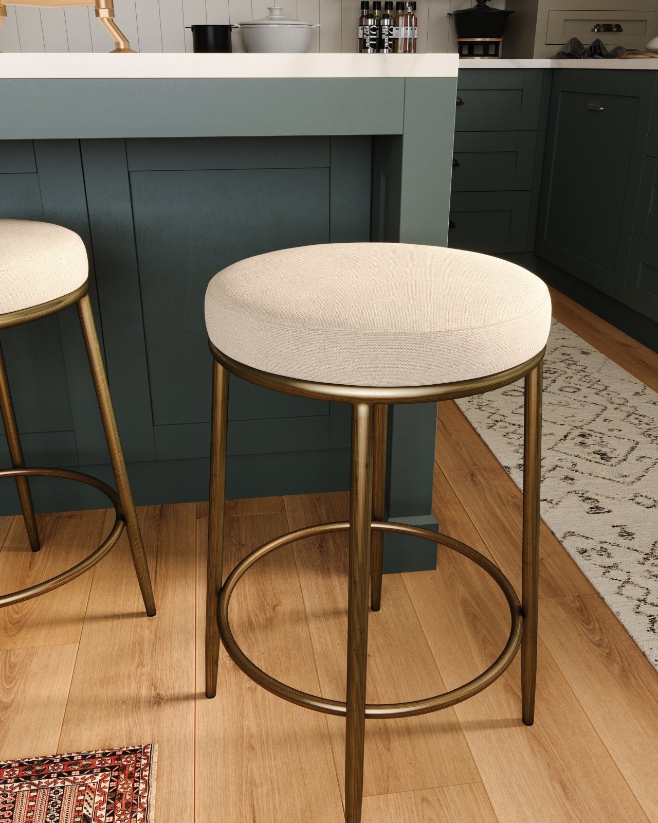 Maven Lane Stella Bar Stool in Antique Brass Finish with Light Beige Fabric Upholstery
